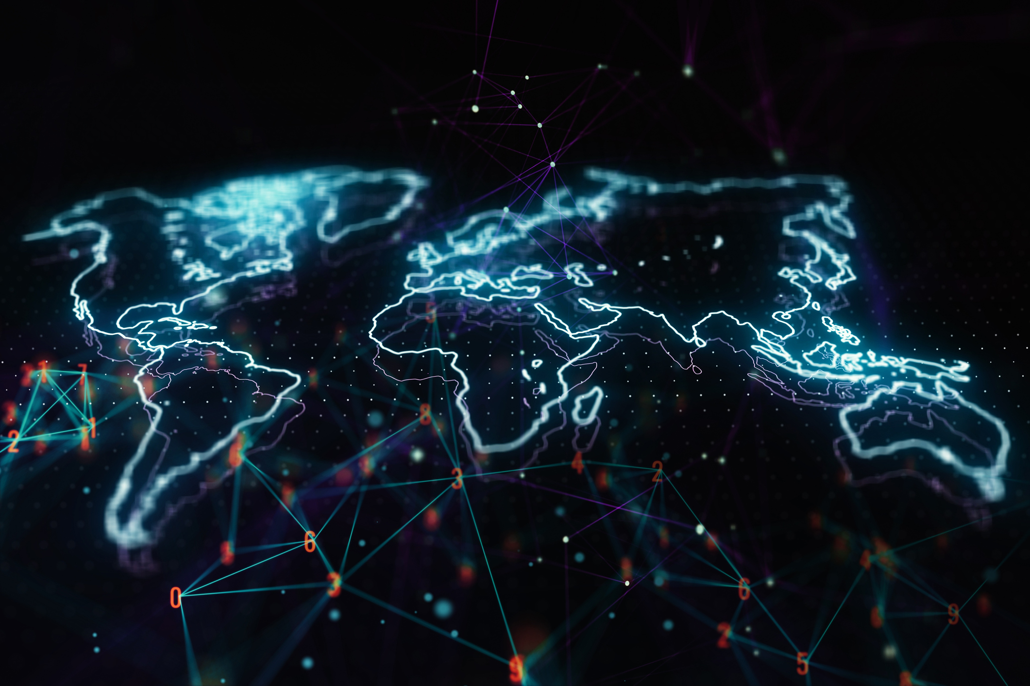 Holographic world map illustration on abstract big data background. Future Technology Concept ...