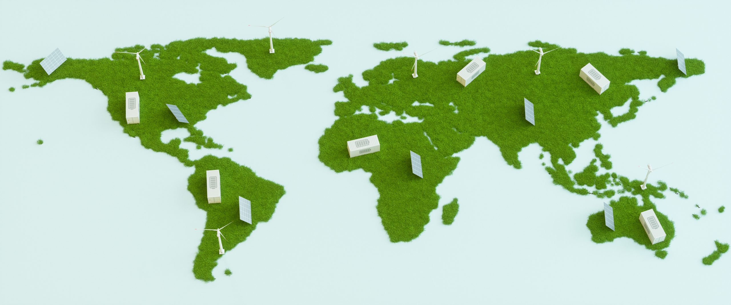 Solar Panel, wind turbines and Li-ion battery container on World Map ...